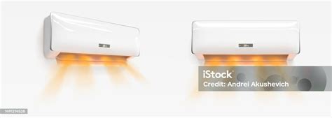 뜨거운 따뜻한 바람이 부는 에어컨은 전면과 각도 보기 3d 렌더링 아이콘을 설정합니다 분할 시스템 난방 실내 온도 및 기후