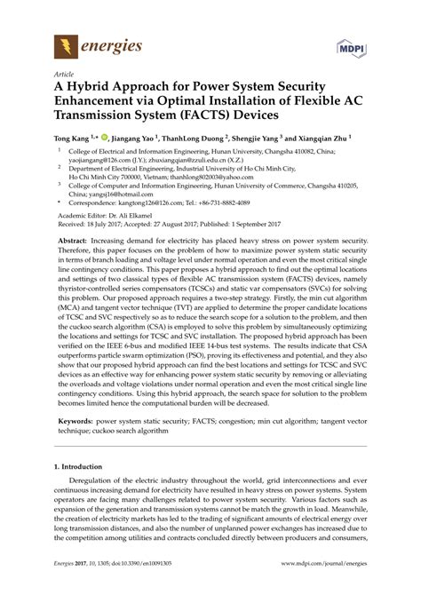 Pdf A Hybrid Approach For Power System Security Enhancement Via