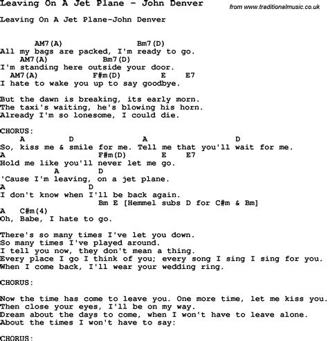 Song Leaving On A Jet Plane By John Denver Song Lyric For Vocal