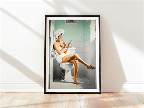 Funny Bathroom Art Woman On Toilet Canvas Print Modern Humor Decor