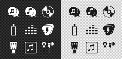 말풍선 Cd 또는 Dvd 디스크 드럼 음표 톤 Air 헤드폰 Usb 플래시 드라이브 및 이퀄라이저 아이콘에서 음표를 설정합니다 벡터 Usb 케이블에 대한 스톡 벡터 아트 및