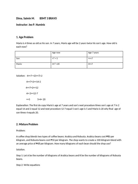 Solving Age Problem Mixture Problem Distance Rate And Time Dima