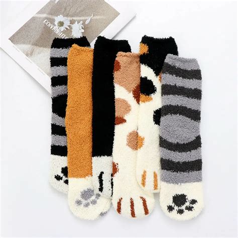 산호 양털 고양이 발 양말 스트라이프 인쇄 두꺼운 따뜻한 바닥 양말 성인 여성 수면 양말 겨울용 따뜻한 2020 크리스마스