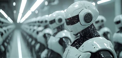 Advanced Robotics A Futuristic Assembly Line With Humanoid Robots Stock Illustration