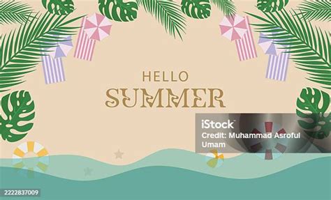 해변 평면도 안녕 여름 배너 우산 공 플로트 및 모래 배경을 특징으로하는 다채로운 벡터 디자인 계절에 대한 스톡 벡터 아트 및 기타 이미지 Istock