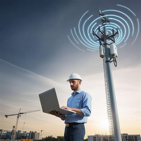 Engineer Working On Laptop5g Network Base Station On The Telecommunication Mast Radiating Signal
