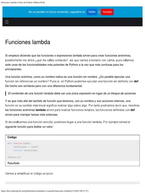 Funciones Lambda Curso De Python Hektor Profe Pdf