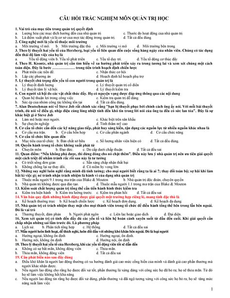 CAU HI TRC Nghim MON QUN TR HC CÂU HỎI TRẮC NGHIỆM MÔN QUẢN TRỊ HỌC Vai trò của mục tiêu trong