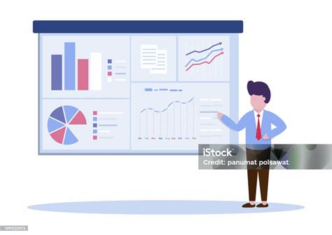 관리자 또는 사업 마케팅 제시 스크린 보드에 데이터 설명 많은 유형의 차트 플랫 스타일 아이콘 벡터 일러스트 레이 션 Ep10 개념에 대한 스톡 벡터 아트 및 기타 이미지