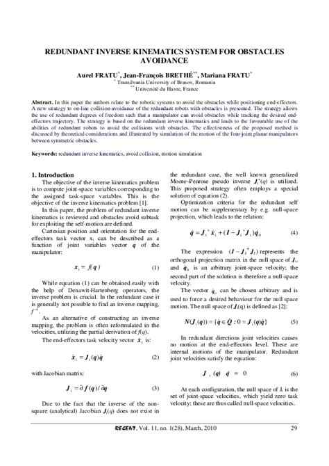 Pdf Redundant Inverse Kinematics System For Obstacles Avoidance