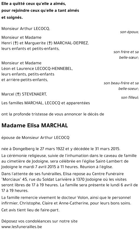 Avis De Décès De Elisa Marchal Décédé Le 31032015 à Dongelberg
