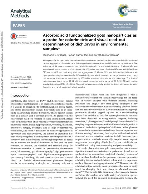 Pdf Ascorbic Acid Functionalized Gold Nanoparticles As A Probe For