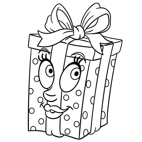 리본 활과 귀여운 소녀 선물 상자입니다 만화 재미 있는 음식 이모티콘 얼굴입니다 어린이 색칠 공부 페이지 프리미엄 벡터