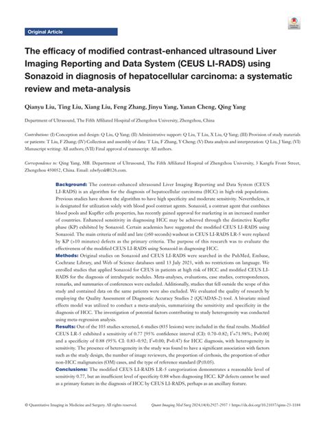 Pdf The Efficacy Of Modified Contrast Enhanced Ultrasound Liver Imaging Reporting And Data