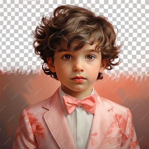 우랄 민족의 파란 머리카락을 가진 평화로운 어린이 소년은 외교 의상을 입고 파스텔 코랄 배경에 손으로 머리카락을 ⁇ 는 스타일로 포즈를 취합니다 프리미엄 Psd 파일