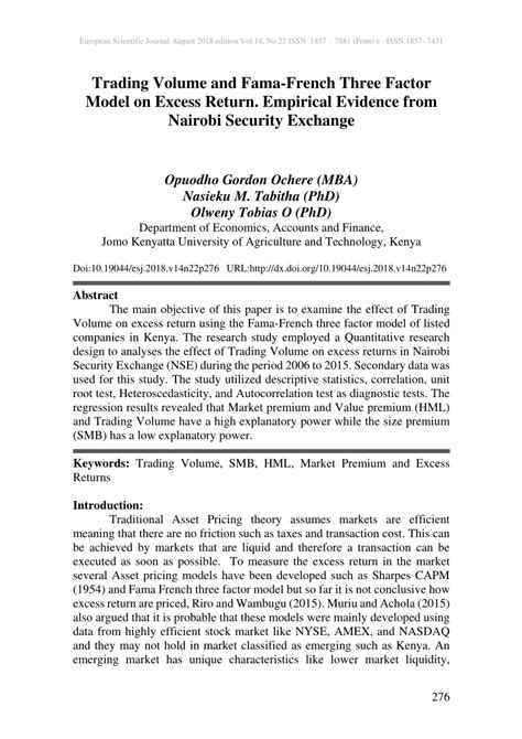Pdf Trading Volume And Fama French Three Factor Model On Excess Return Empirical Evidence