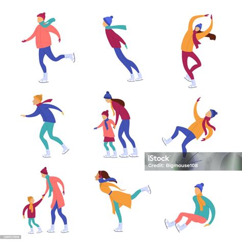만화 색상 캐릭터 사람들 아이스 스케이팅 개념 세트 벡터 개념에 대한 스톡 벡터 아트 및 기타 이미지 개념 개체 그룹 건강한 생활방식 Istock