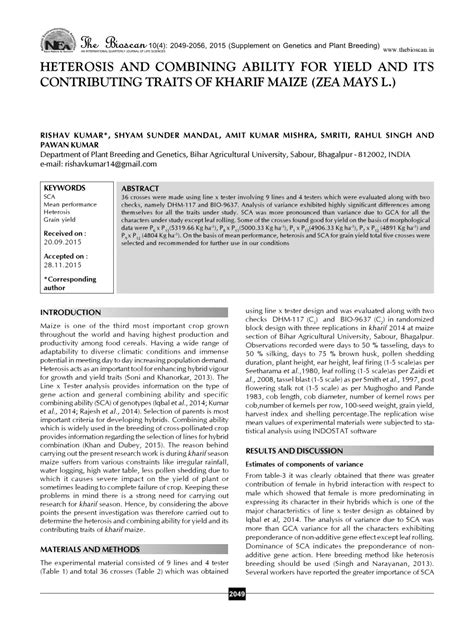Pdf Heterosis And Combining Ability For Yield And Its Contributing Traits Of Kharif Maize Zea