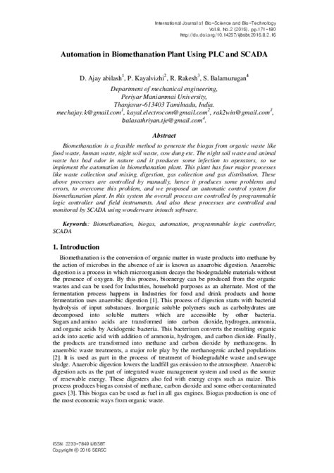 Pdf Automation In Biomethanation Plant Using Plc And Scada