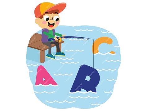 Chico Lindo Está Pescando Letras Lindas En El Lago Con Su Caña De
