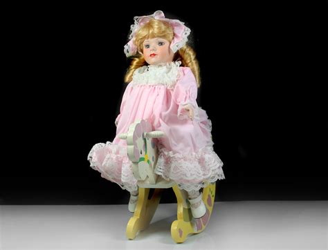 Porcelain Doll On Rocking Horse 18 Inch Doll Display Doll