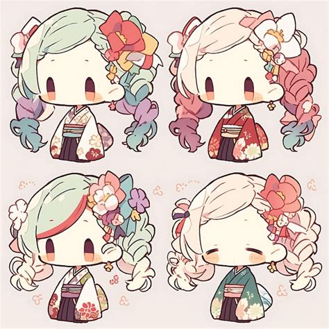 Premium Photo Colorful Female Chibi Kawaii Traditional Kimono Pastel Colors Flower Cute