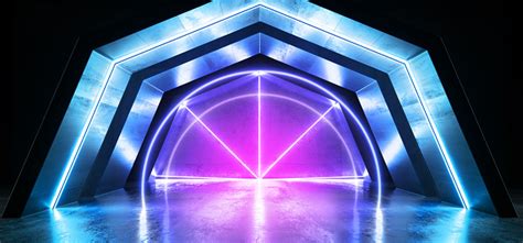 네온 조명 미래 공상 과학 소설 터널 복도 빛나는 보라색 푸른 활기찬 장면 연단 클럽 밤 어두운 레이저 쇼 콘크리트 그런지 반사 3d 렌더링 0명에 대한 스톡 사진 및 기타