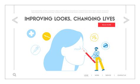 의료 지원 의료 화장품 방문 페이지 템플릿 의사 외과 의사 캐릭터 는 코 성형 수술 전에 환자 코를 검사 여성의 얼굴에 빨간 선을 그리기 선형 벡터 일러스트레이션 개념에