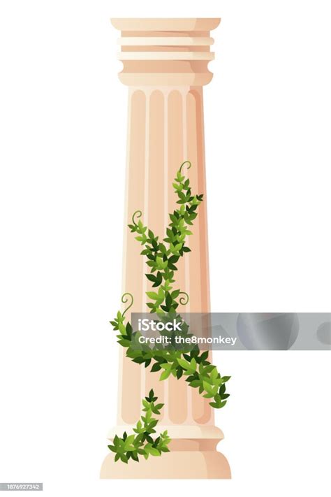 고대 담쟁이덩굴로 덮인 기둥입니다 박물관 및 전시회 만화 그리스 또는 로마 기둥 와 등반 담쟁이덩굴 나뭇가지 앤티크 단풍 장식 요소 흰색에 고립 된 만화 평면 벡터 3차원