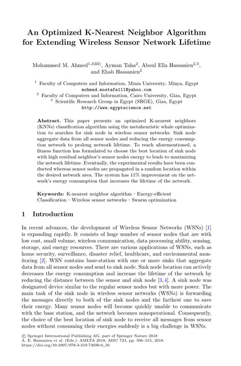 Pdf An Optimized K Nearest Neighbor Algorithm For Extending Wireless Sensor Network Lifetime