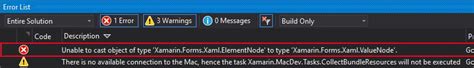 Xamarin Forms Build Error Unable To Cast Object Of Type Xamarinformsxamlelementnode To
