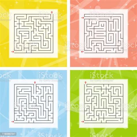 사각형 미로의 집합입니다 어린이와 성인을위한 흥미롭고 유용한 게임 화려한 추상 적 배경에 간단한 평면 벡터 그림입니다 0명에 대한 스톡 벡터 아트 및 기타 이미지 Istock