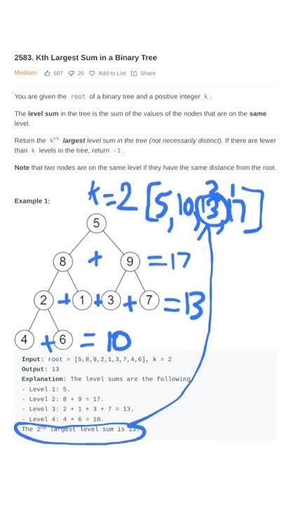 leetcode 2583 find kth largest sum in a binary tree youtube