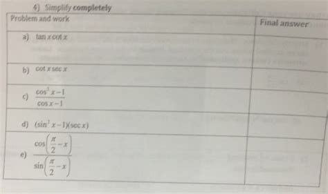 Solved Simplify Completely Tan X Cot X Cot X Sec X Cos 2 Chegg Com