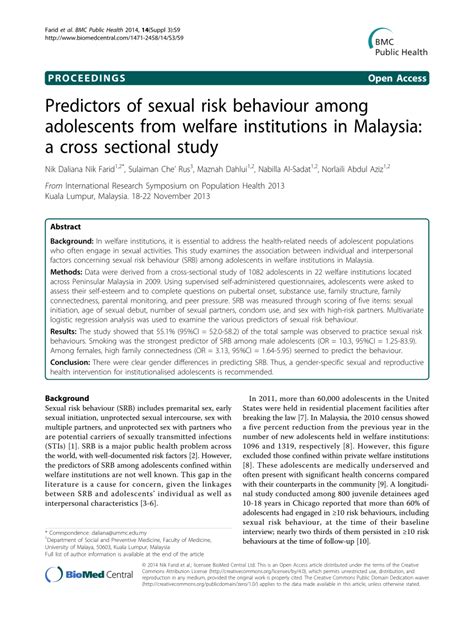 PDF Predictors Of Sexual Risk Behaviour Among Adolescents From Welfare Institutions In