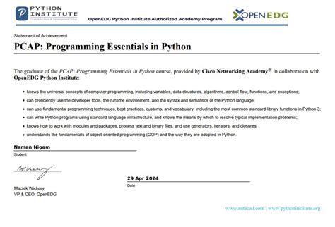 Naman Nigam On Linkedin Python Programming Certification Techskills Openedg