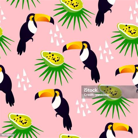 귀여운 큰부리새 파파야와 팜 추상 여름 패턴 핑크 바탕에 나뭇잎 섬유 및 포장에 대 한 장식입니다 벡터입니다 배경 주제에 대한 스톡 벡터 아트 및 기타 이미지 Istock