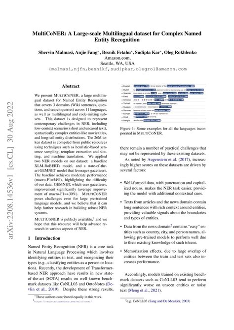 Multiconer A Large Scale Multilingual Dataset For Complex Named Entity Recognition Deepai