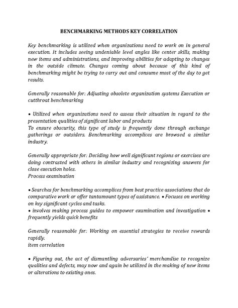 Benchmarking Methods Key Correlation Benchmarking Methods Key Correlation Key Benchmarking Is