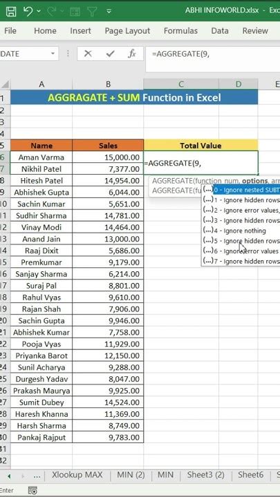 Aggragate Sum Function In Excel Shorts Exceltutorial Exceltips