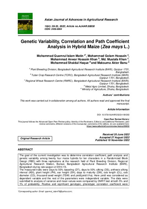 Pdf Genetic Variability Correlation And Path Coefficient Analysis In