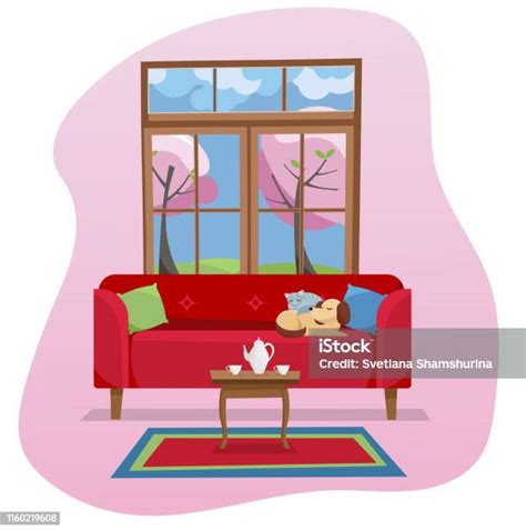 흰색 배경에 색상 반점 현대 평면 디자인 개념 거실 인테리어 테이블 빨간 소파카펫 큰 창문이있는 방에 봄의 자연과 꽃 나무 의