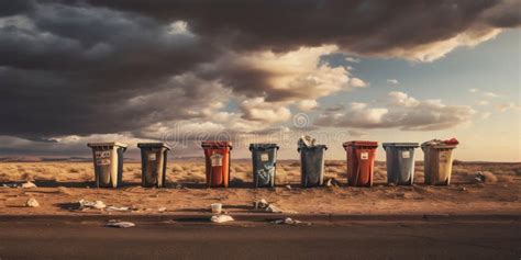 Row Of Overflowing Garbage Bins Under Ominous Sky Generative Ai Stock Illustration