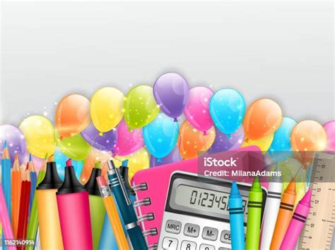 학교 배경 노트북 계산기 색칠 연필 마커 통치자 화려한 풍선 연구 용품과 현실적인 벡터 그림 텍스트의 여유 공간입니다 0명에
