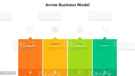 수평 행에 위쪽 포인팅 화살표가 있는 4개의 직사각형 요소 4단계의 비즈니스 전략 개념 최소한의 인포그래픽 디자인 템플릿입니다 프레젠테이션을 위한 플랫 벡터 그림입니다 기둥