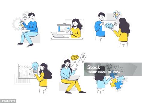 두뇌와 전구를 가진 사람들 캐릭터가 있는 비즈니스 프로젝트 시작 개요 벡터 세트로 작업 사람들에 대한 스톡 벡터 아트 및 기타