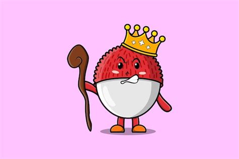 황금 왕관과 나무 막대기 일러스트와 함께 현명한 왕으로 귀여운 만화 열매 마스코트 프리미엄 벡터