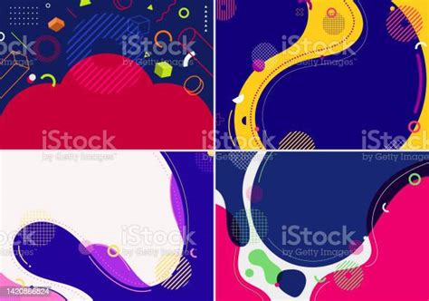 추상적 인 배경 평면 디자인 액체 유기 형태 동적 파동과 3d 기하학적 원 선 요소 패턴 배경 복고풍 스타일의 집합 3차원 형태에 대한 스톡 벡터 아트 및 기타 이미지
