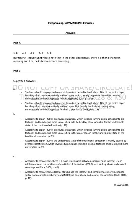Answer Key To MODULE Quotation Summarizing Paraphrasing FOR AWS Babes PDF