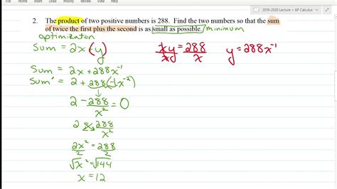 Calculus Optimization Smallest Sum Example Youtube